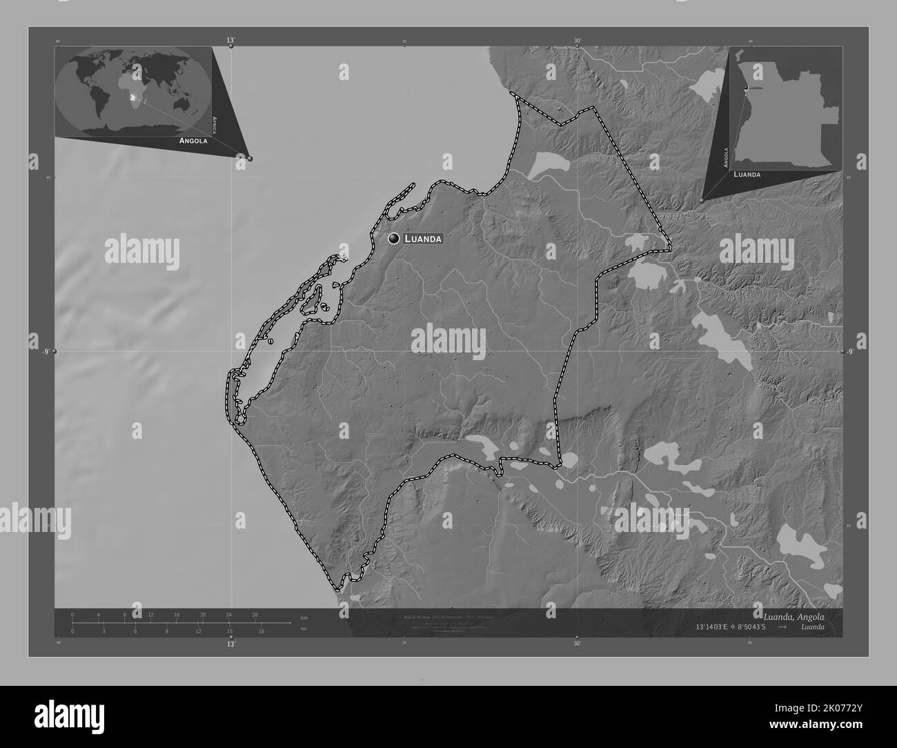Luanda, province of Angola. Bilevel elevation map with lakes and rivers ...
