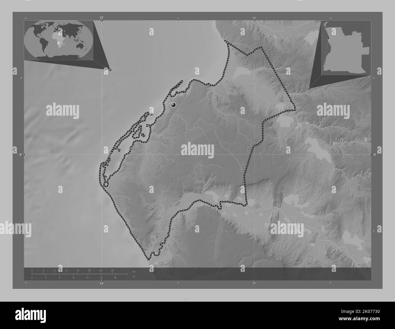 Luanda, province of Angola. Grayscale elevation map with lakes and ...