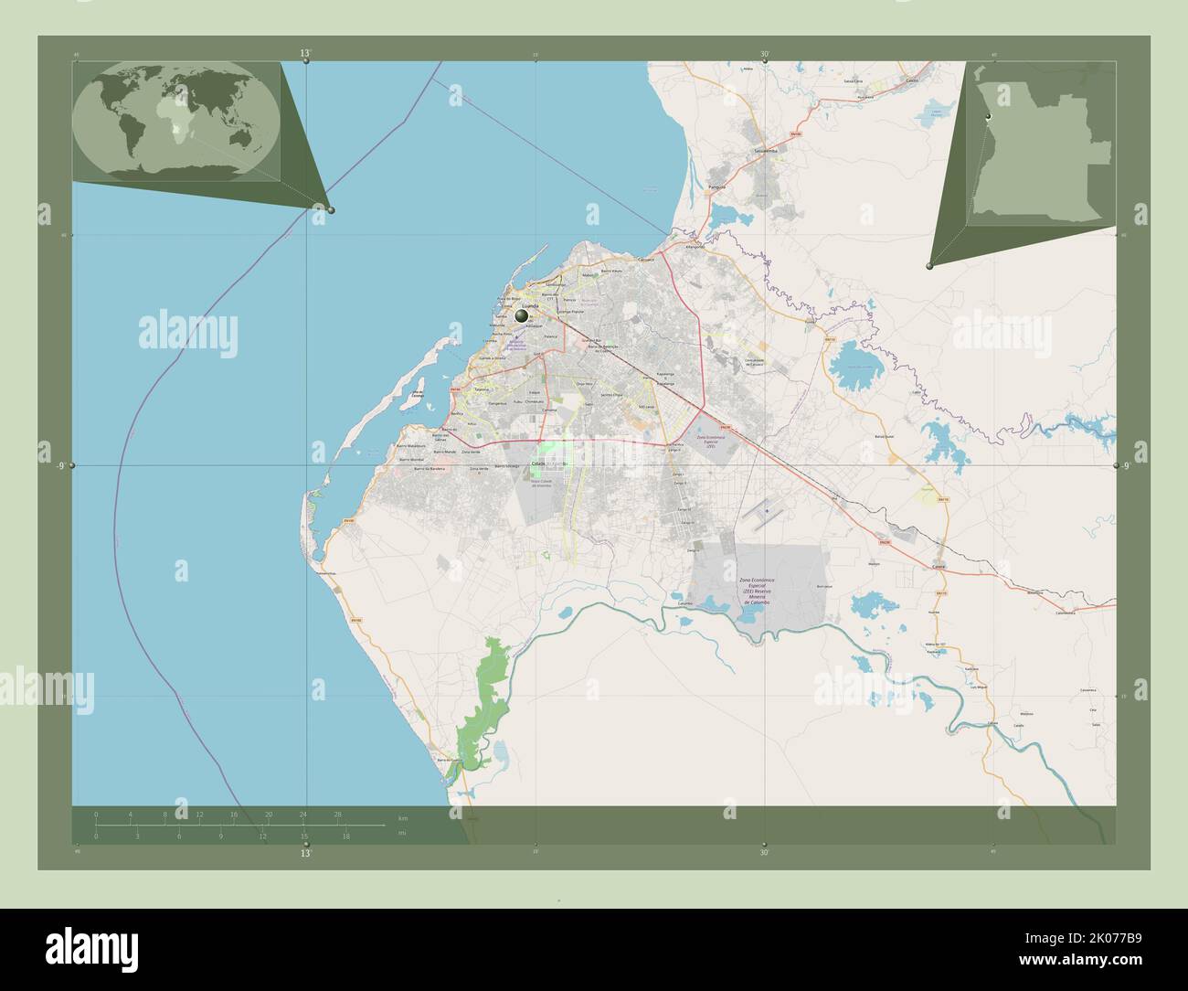 Luanda, province of Angola. Open Street Map. Corner auxiliary location ...