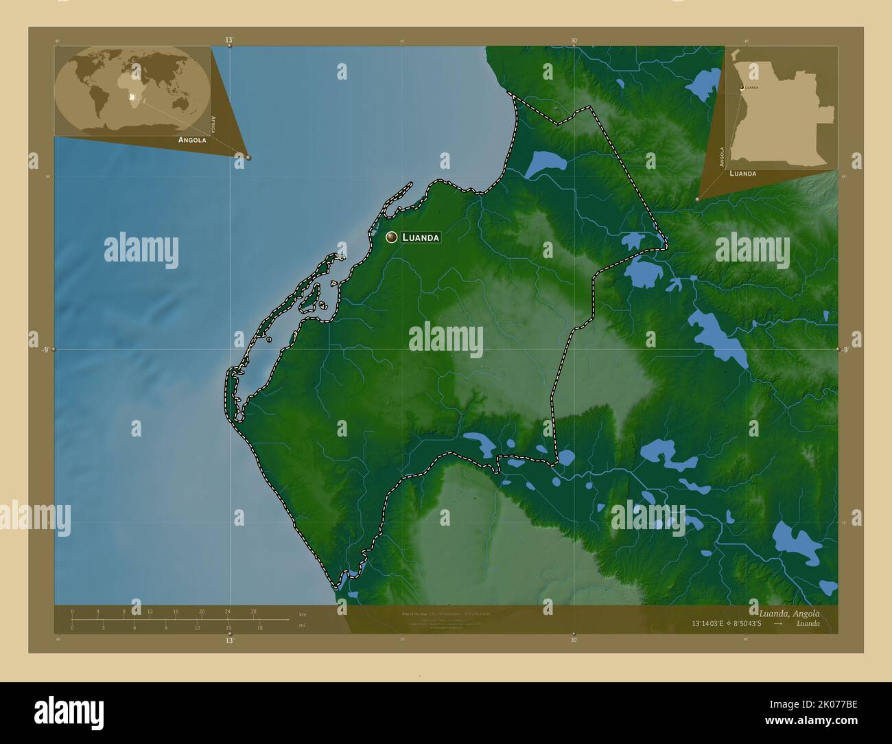 Luanda, province of Angola. Colored elevation map with lakes and rivers. Locations and names of ...
