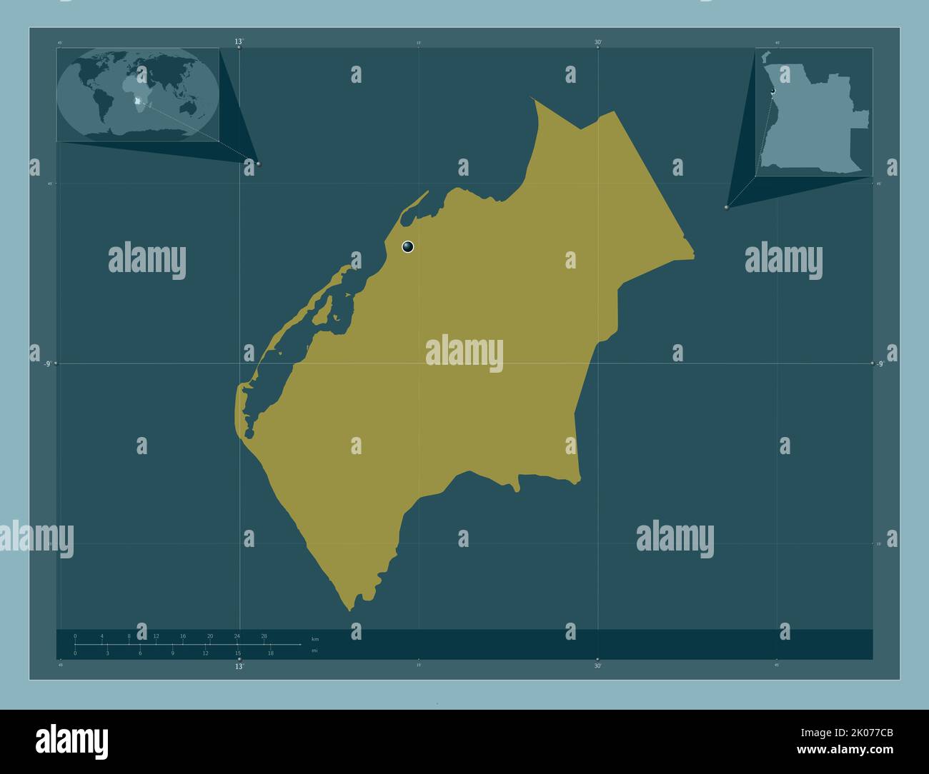 Luanda, province of Angola. Solid color shape. Locations of major ...
