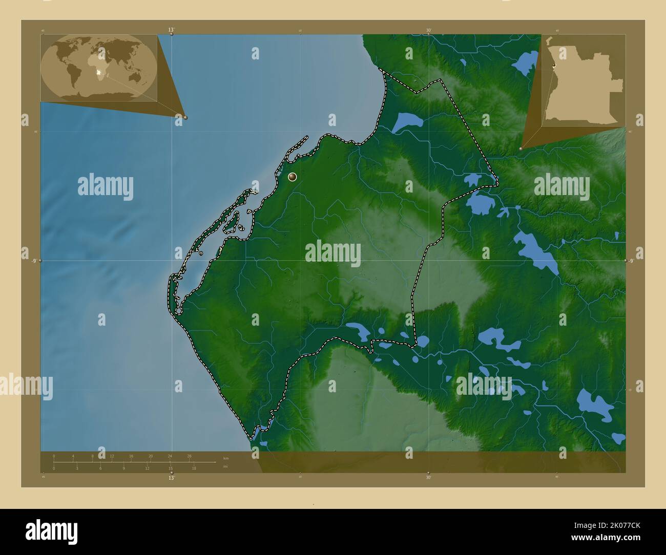 Luanda, province of Angola. Colored elevation map with lakes and rivers ...