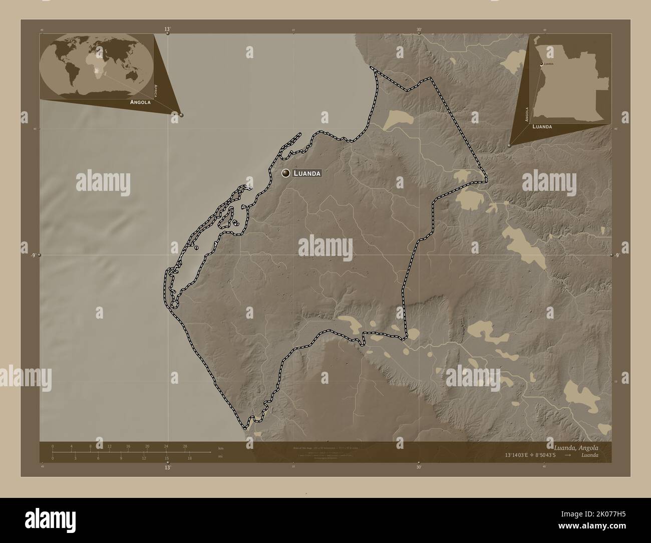 Luanda, province of Angola. Elevation map colored in sepia tones with lakes and rivers ...