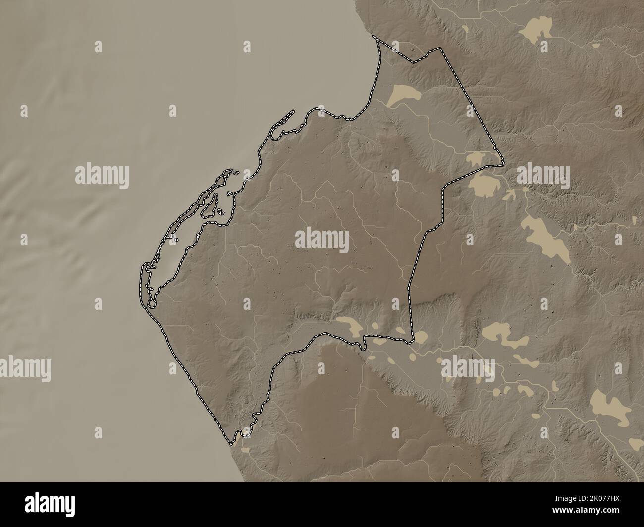 Luanda, province of Angola. Elevation map colored in sepia tones with lakes and rivers Stock ...