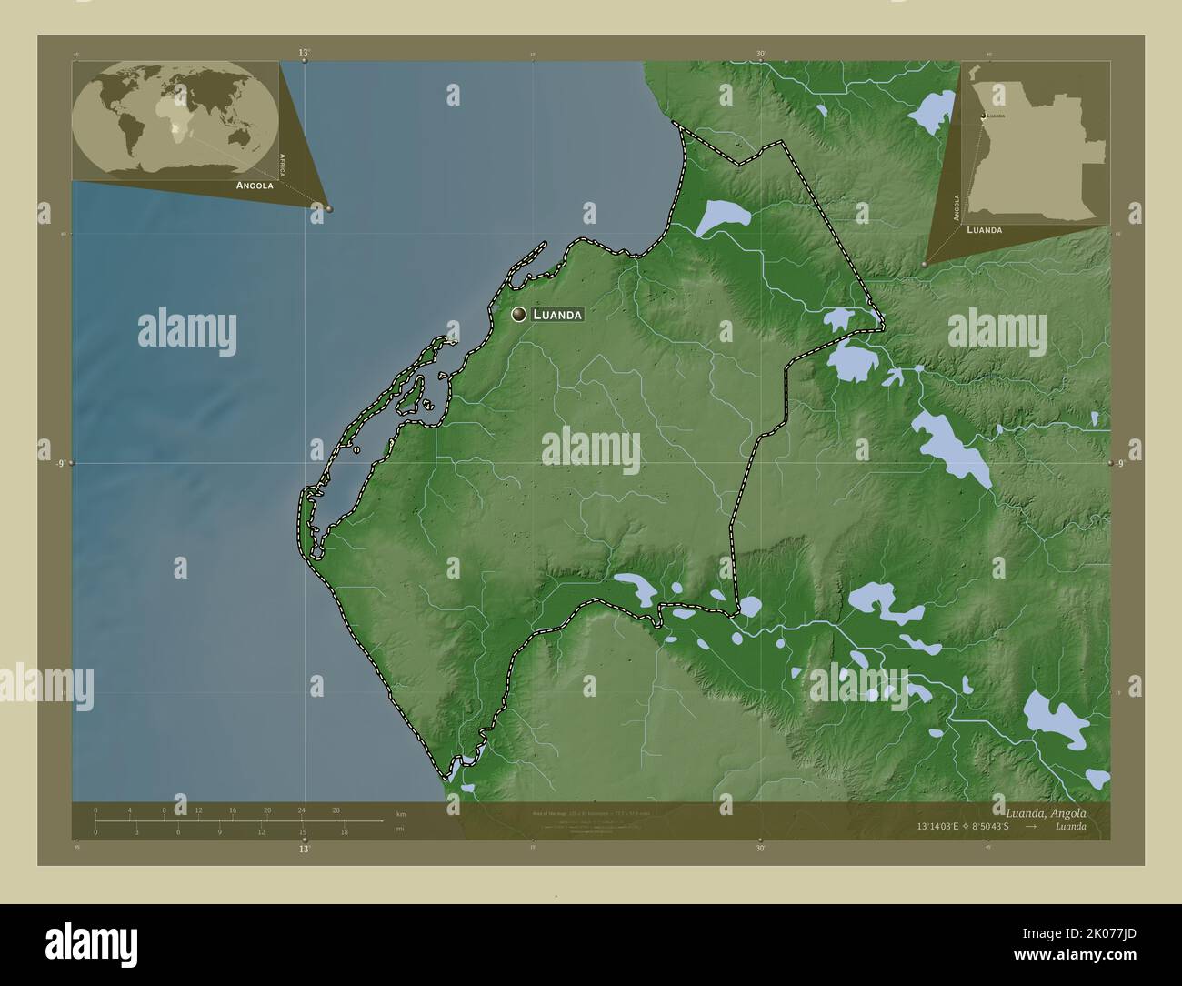 Luanda, province of Angola. Elevation map colored in wiki style with ...
