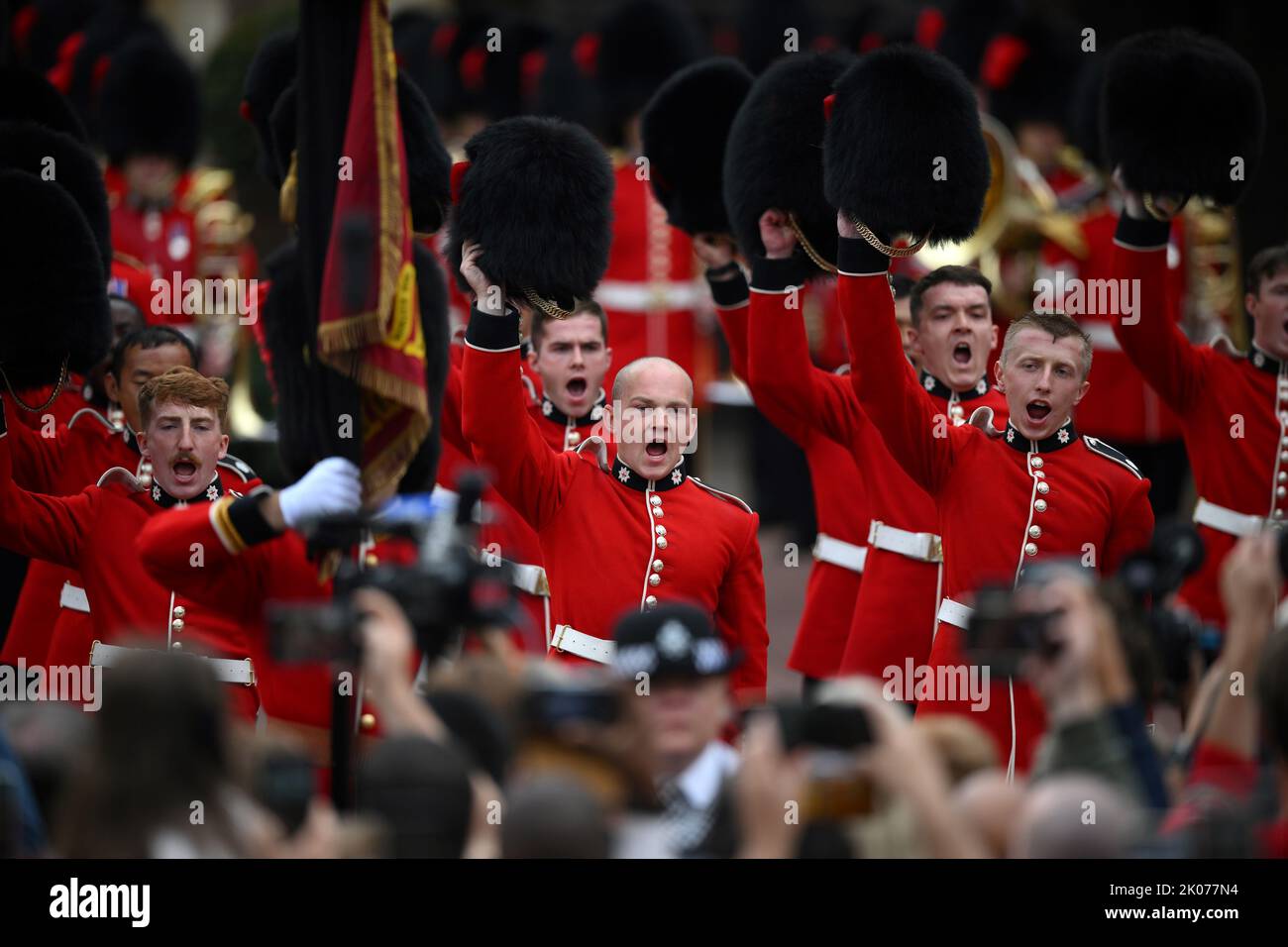 Members of the Coldstream guards cheer as the Principal Proclamation is ...