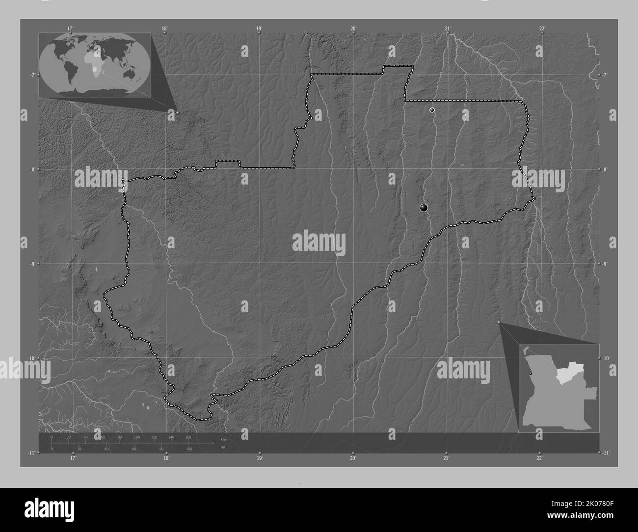 Lunda Norte, province of Angola. Grayscale elevation map with lakes and ...