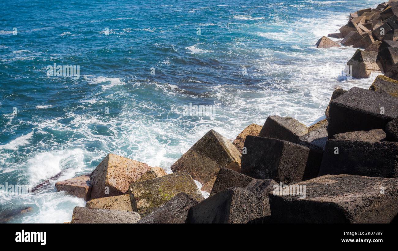 Coast with concrete breakwaters, horizon, sea, Tenerife, Spain Stock ...
