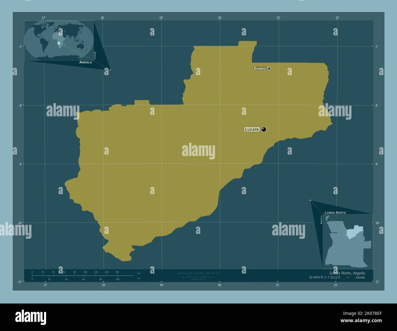 Lunda Norte, province of Angola. Solid color shape. Locations and names ...