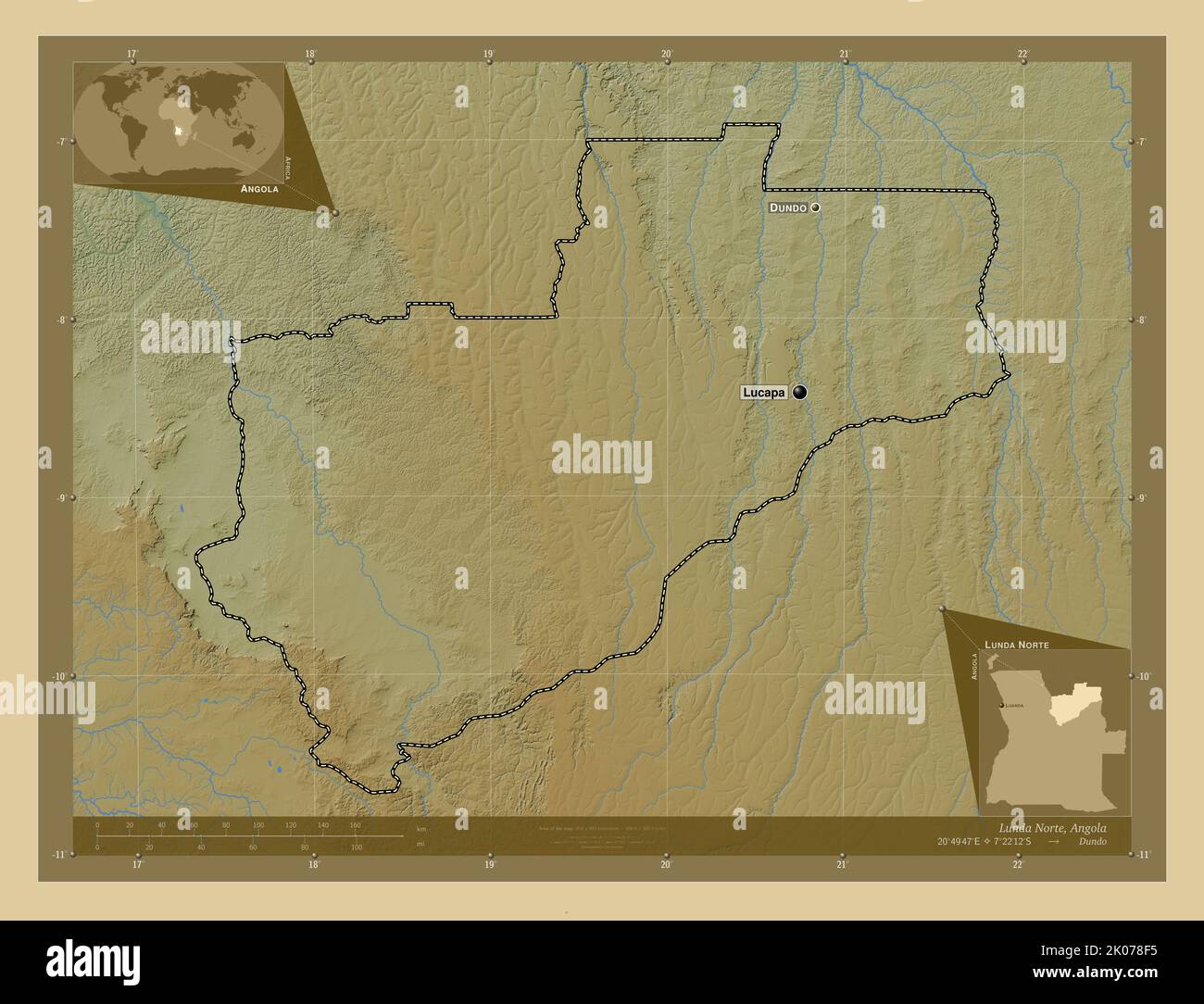 Lunda Norte, province of Angola. Colored elevation map with lakes and rivers. Locations and ...