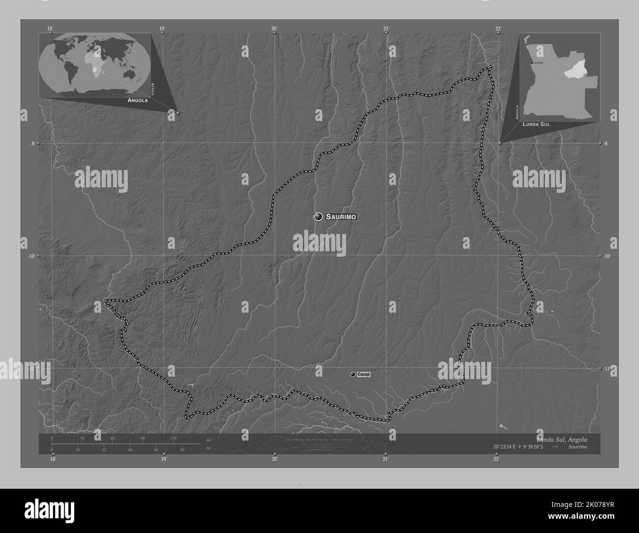 Lunda Sul, province of Angola. Grayscale elevation map with lakes and ...