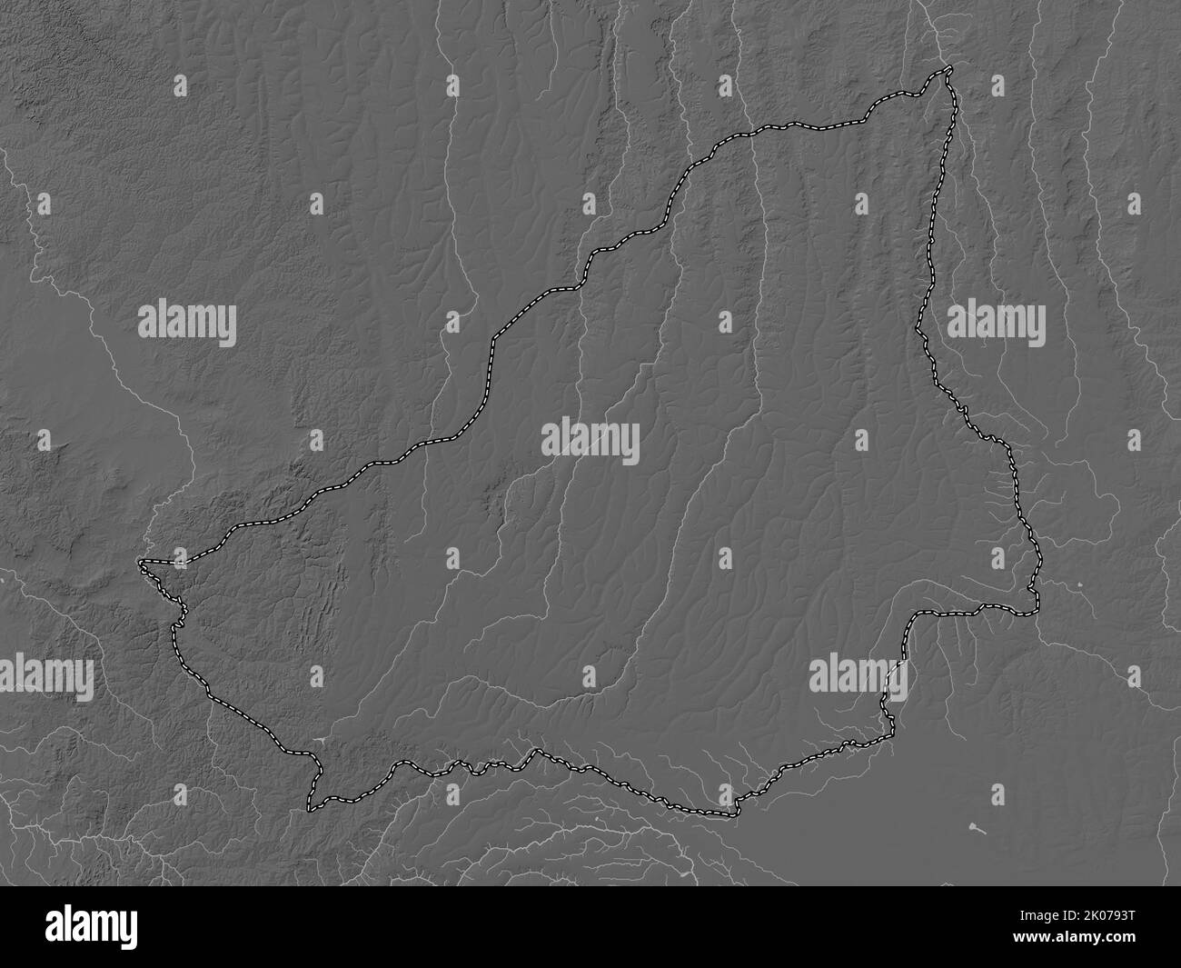 Lunda Sul, province of Angola. Grayscale elevation map with lakes and ...