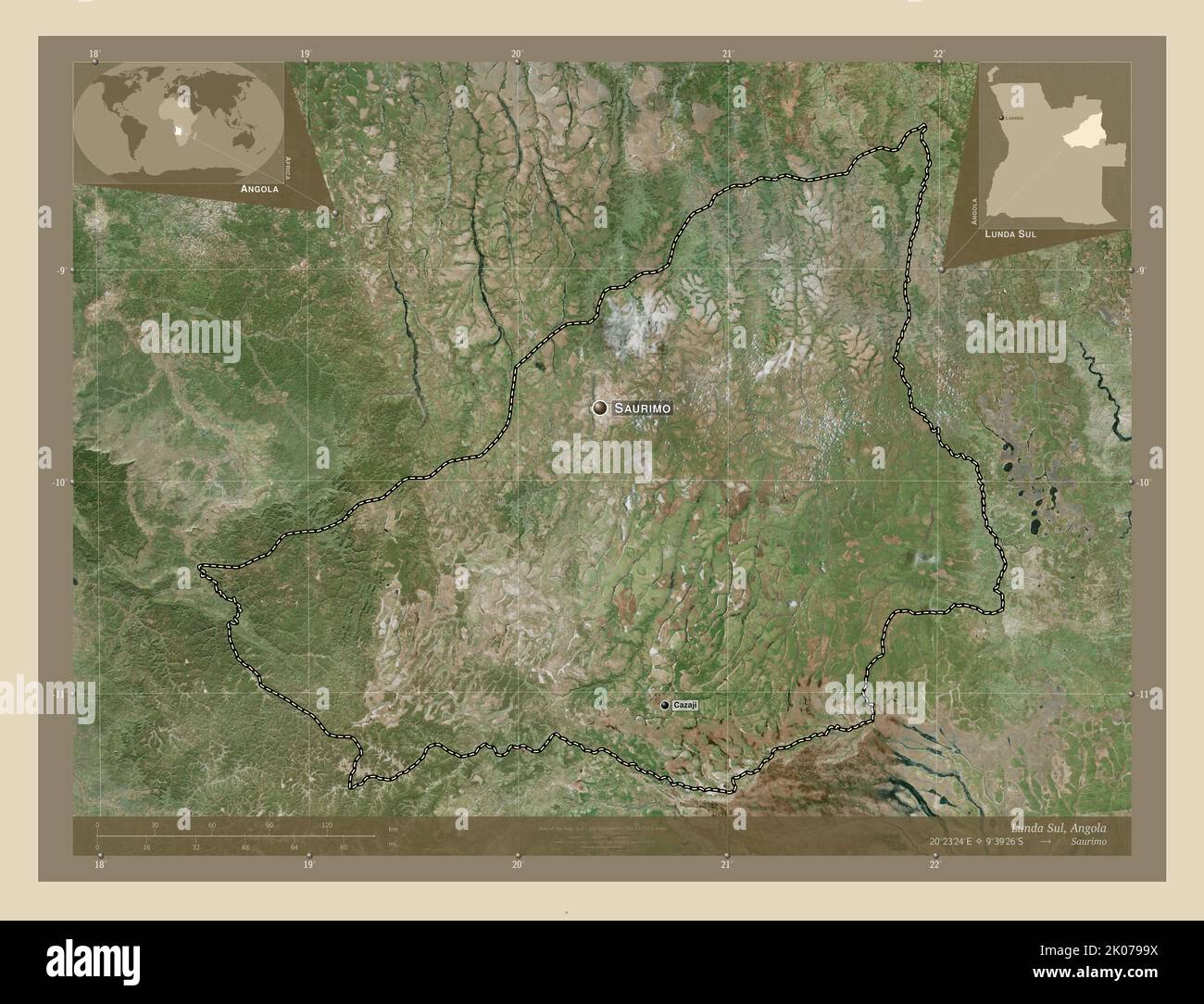 Lunda Sul, province of Angola. High resolution satellite map. Locations ...