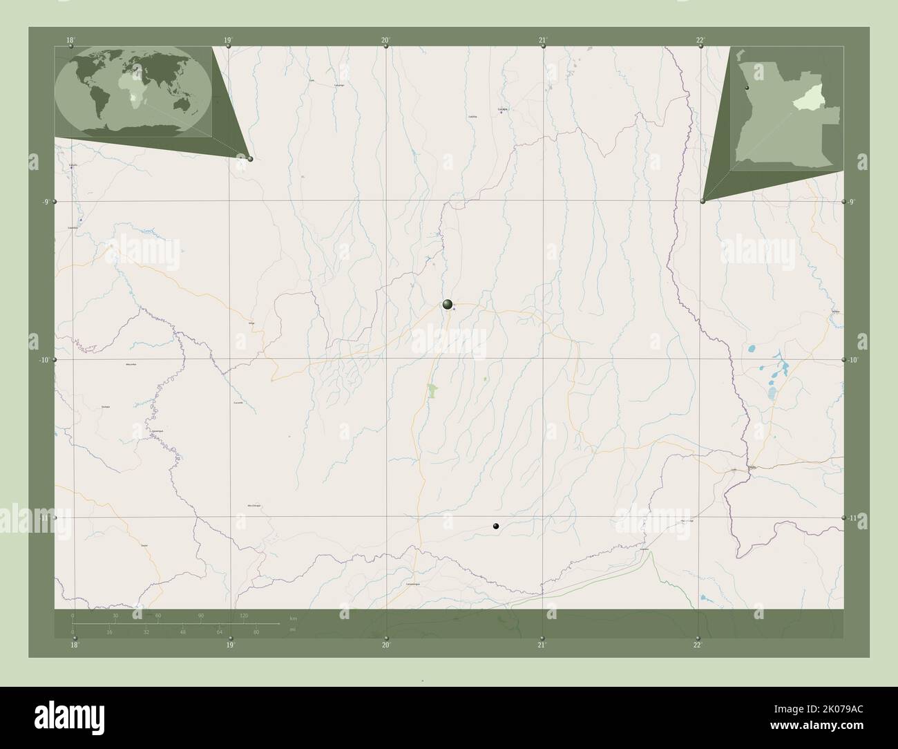 Lunda Sul, province of Angola. Open Street Map. Locations of major ...