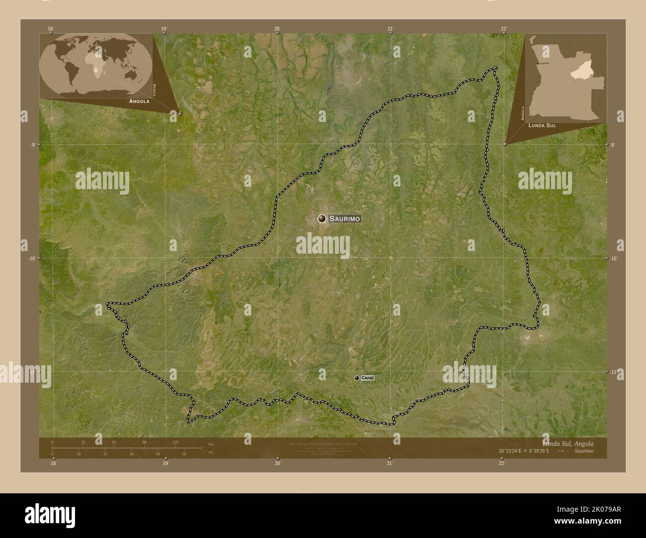 Lunda Sul, province of Angola. Low resolution satellite map. Locations ...
