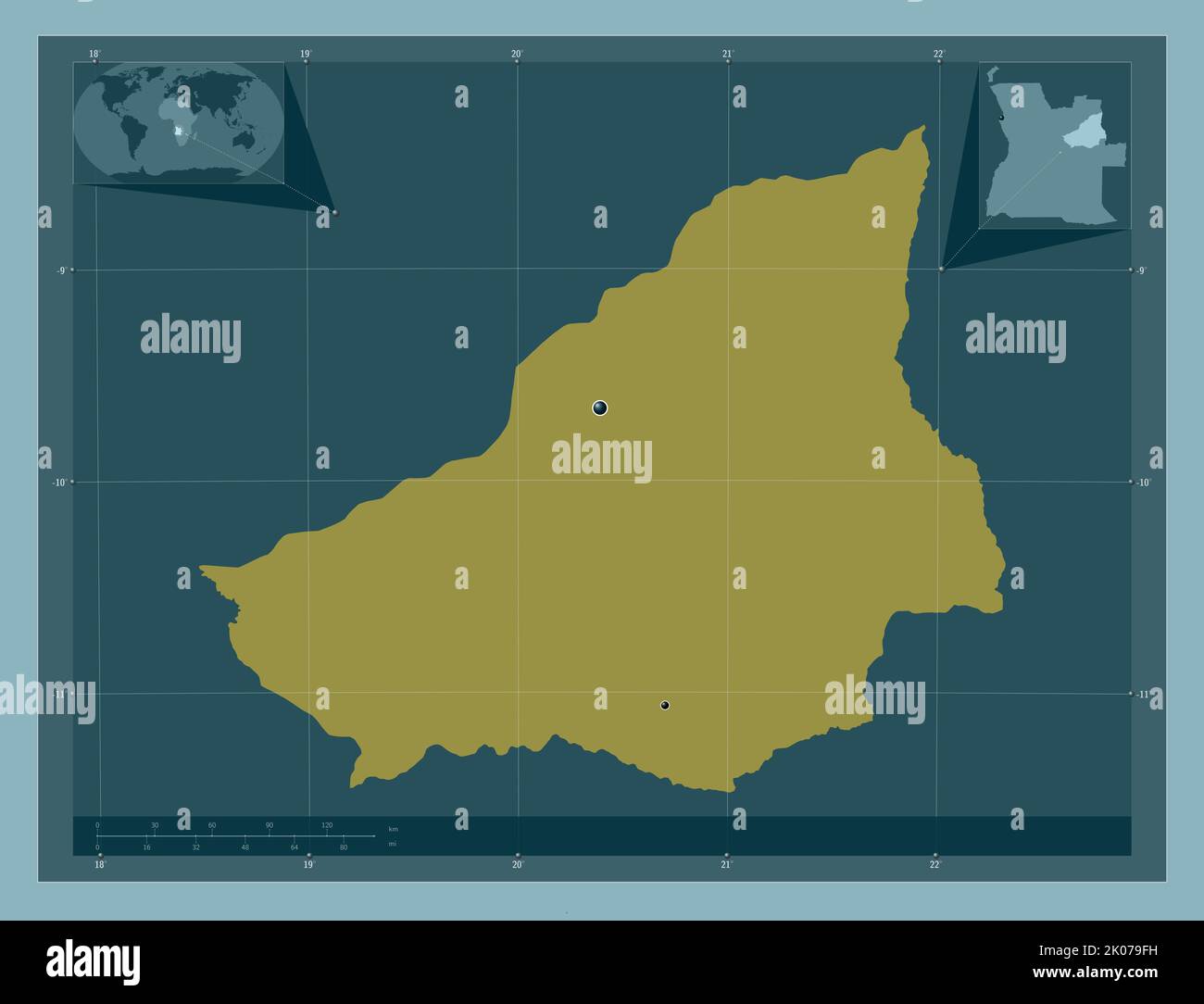 Lunda Sul, province of Angola. Solid color shape. Locations of major ...