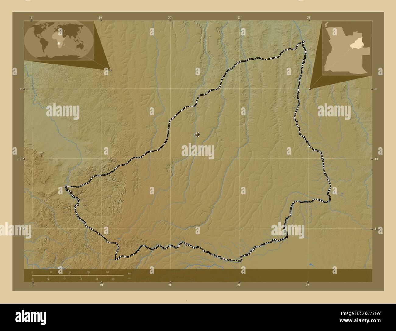 Lunda Sul, province of Angola. Colored elevation map with lakes and ...