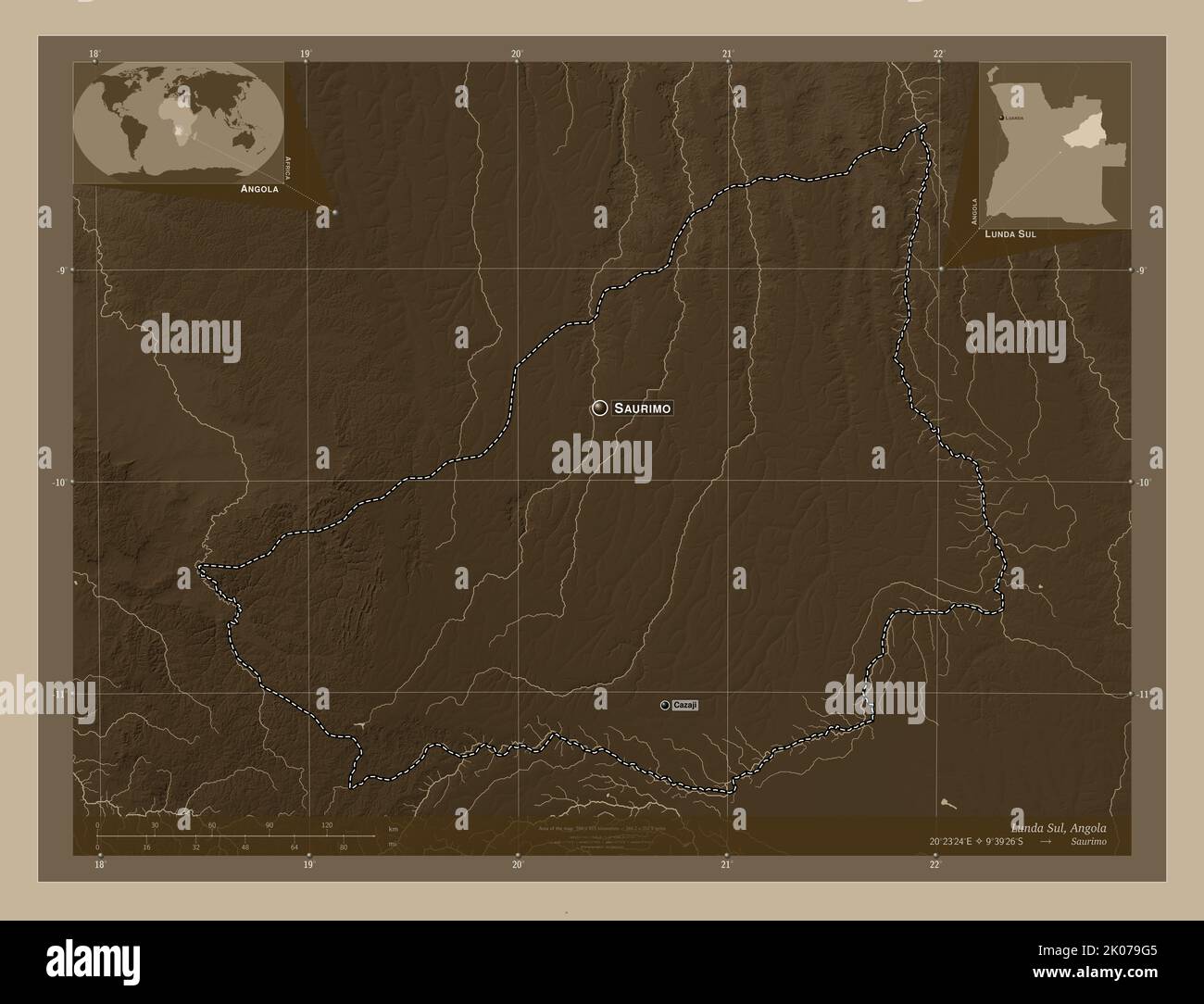Lunda Sul, province of Angola. Elevation map colored in sepia tones with lakes and rivers ...