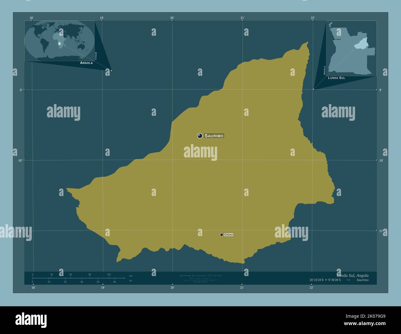 Lunda Sul, province of Angola. Solid color shape. Locations and names ...