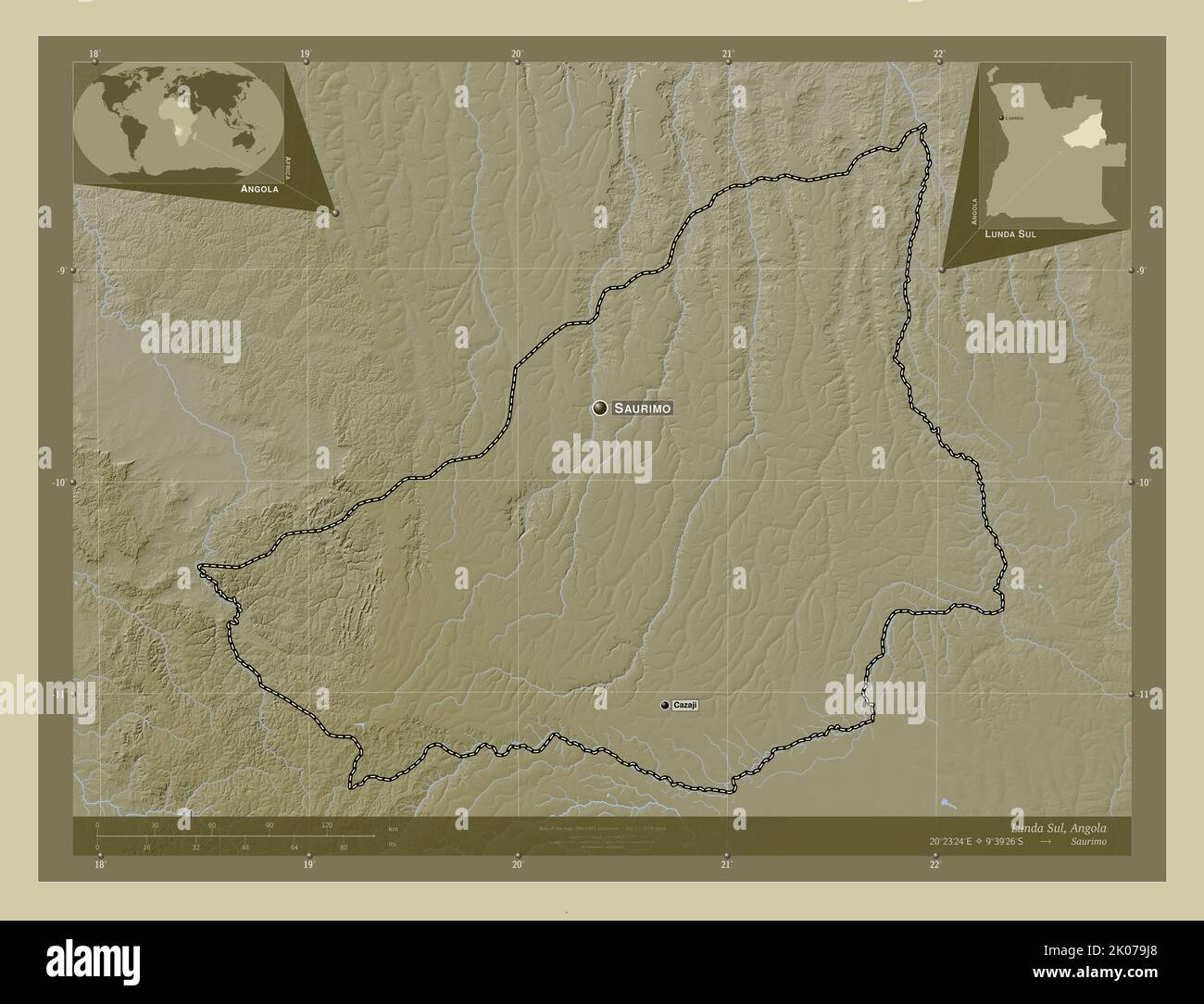 Lunda Sul, province of Angola. Elevation map colored in wiki style with ...