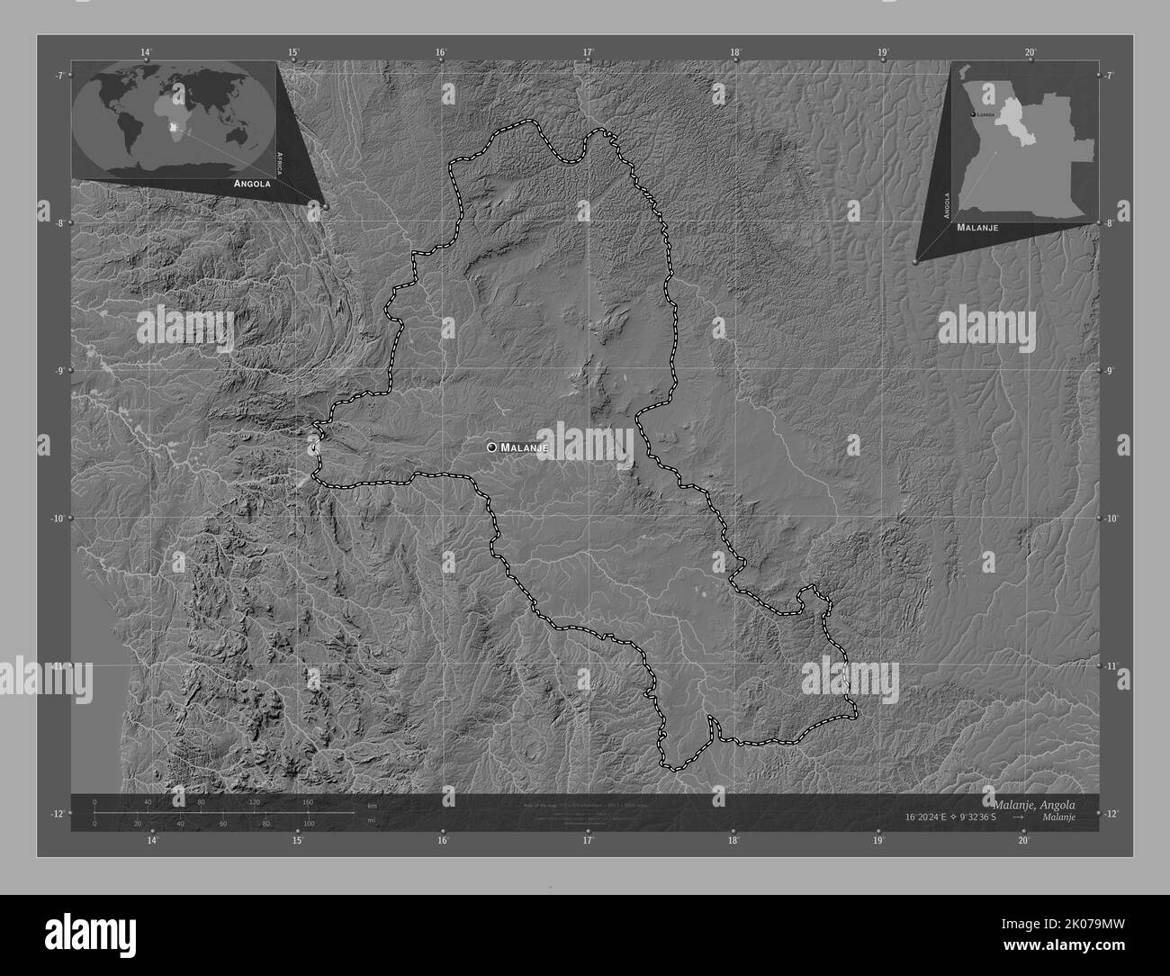 Malanje, province of Angola. Bilevel elevation map with lakes and ...