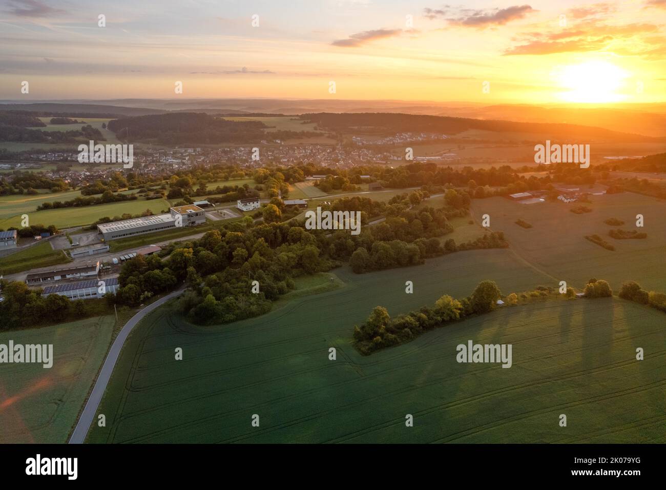 Aerial view of a landscape at sunset, Gechingen, Germany Stock Photo ...