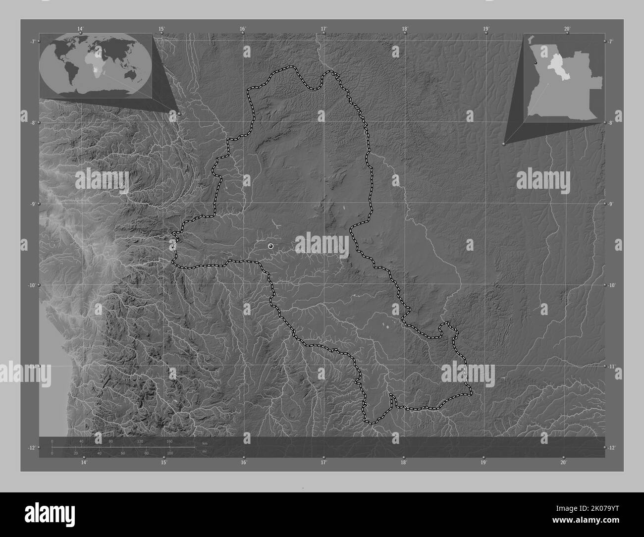 Malanje, province of Angola. Grayscale elevation map with lakes and ...