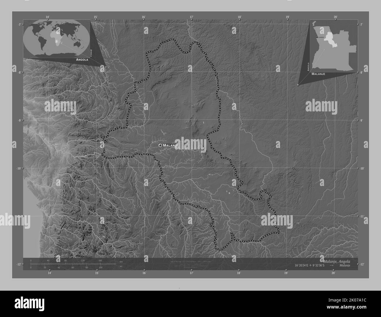 Malanje, province of Angola. Grayscale elevation map with lakes and ...