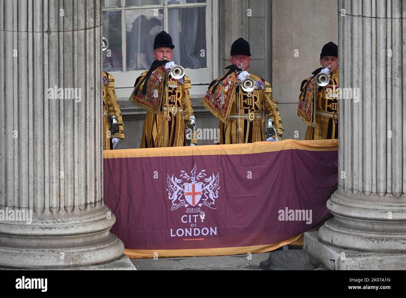 Trumpeters sound a Royal Salute during the Proclamation of Accession of ...