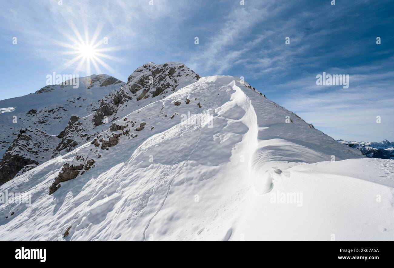 Snow cornices at an embrasure, Roggentalsattel, hiking trail to ...