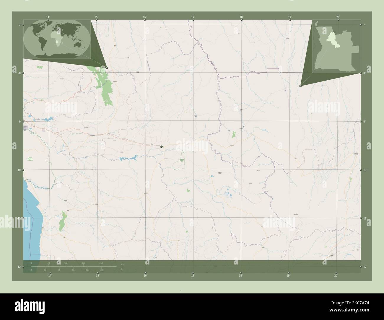 Malanje, province of Angola. Open Street Map. Locations of major cities ...