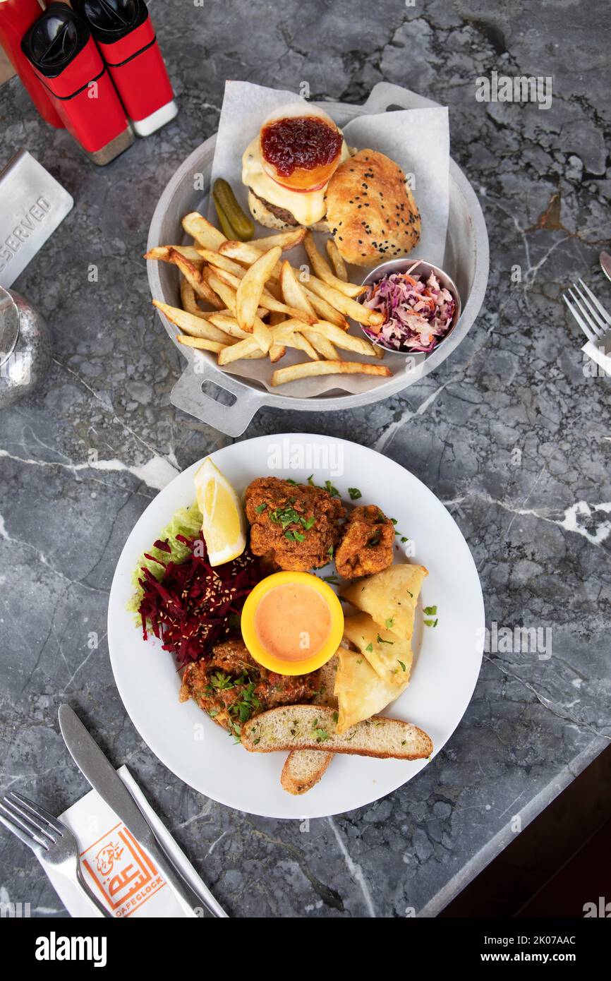 Kamel Burger and Traditional Fes Platter, Clock Cafe, Fes, Morocco ...