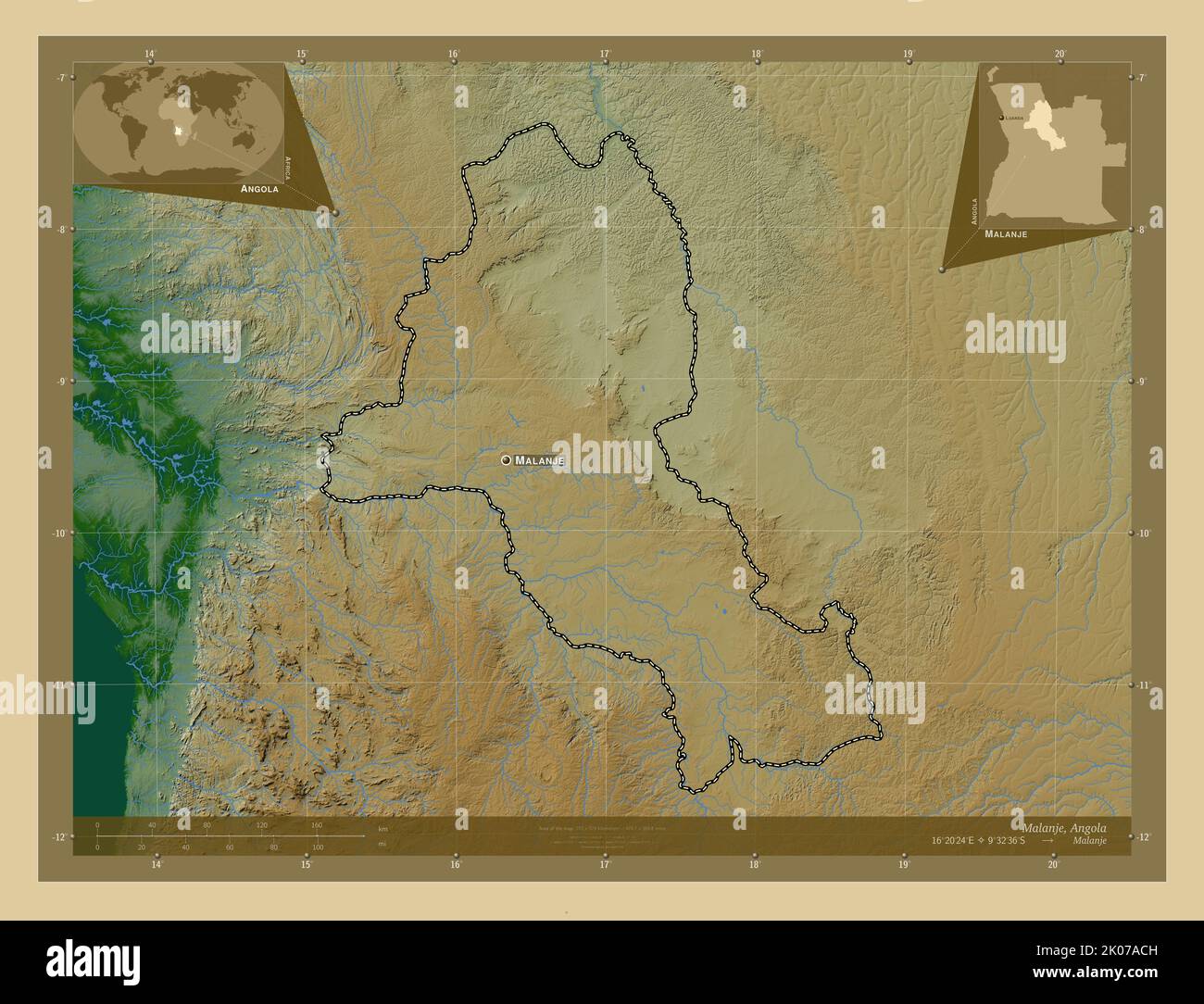 Malanje, province of Angola. Colored elevation map with lakes and rivers. Locations and names of ...
