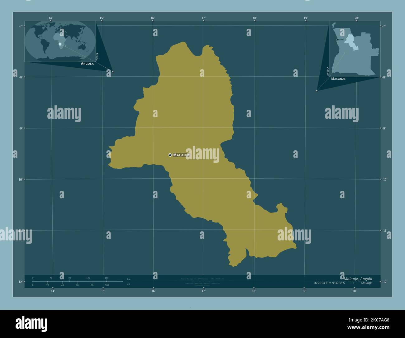 Malanje, province of Angola. Solid color shape. Locations and names of ...