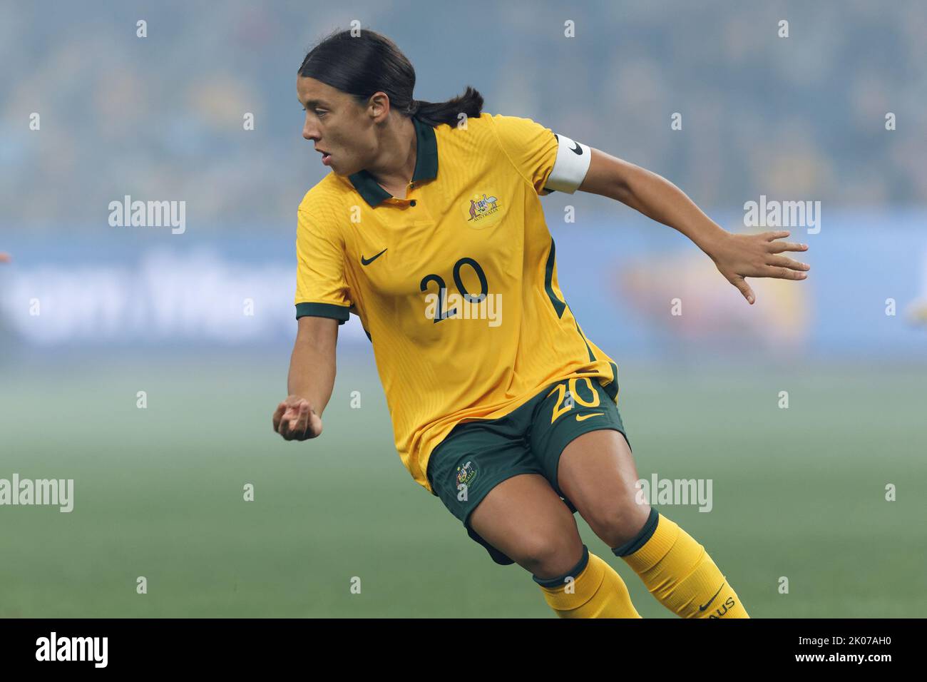 SYDNEY, AUSTRALIA - SEPTEMBER 6: Sam Kerr of Australia tracks the ball ...