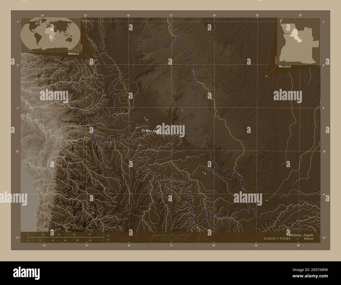 Malanje, province of Angola. Elevation map colored in sepia tones with lakes and rivers ...