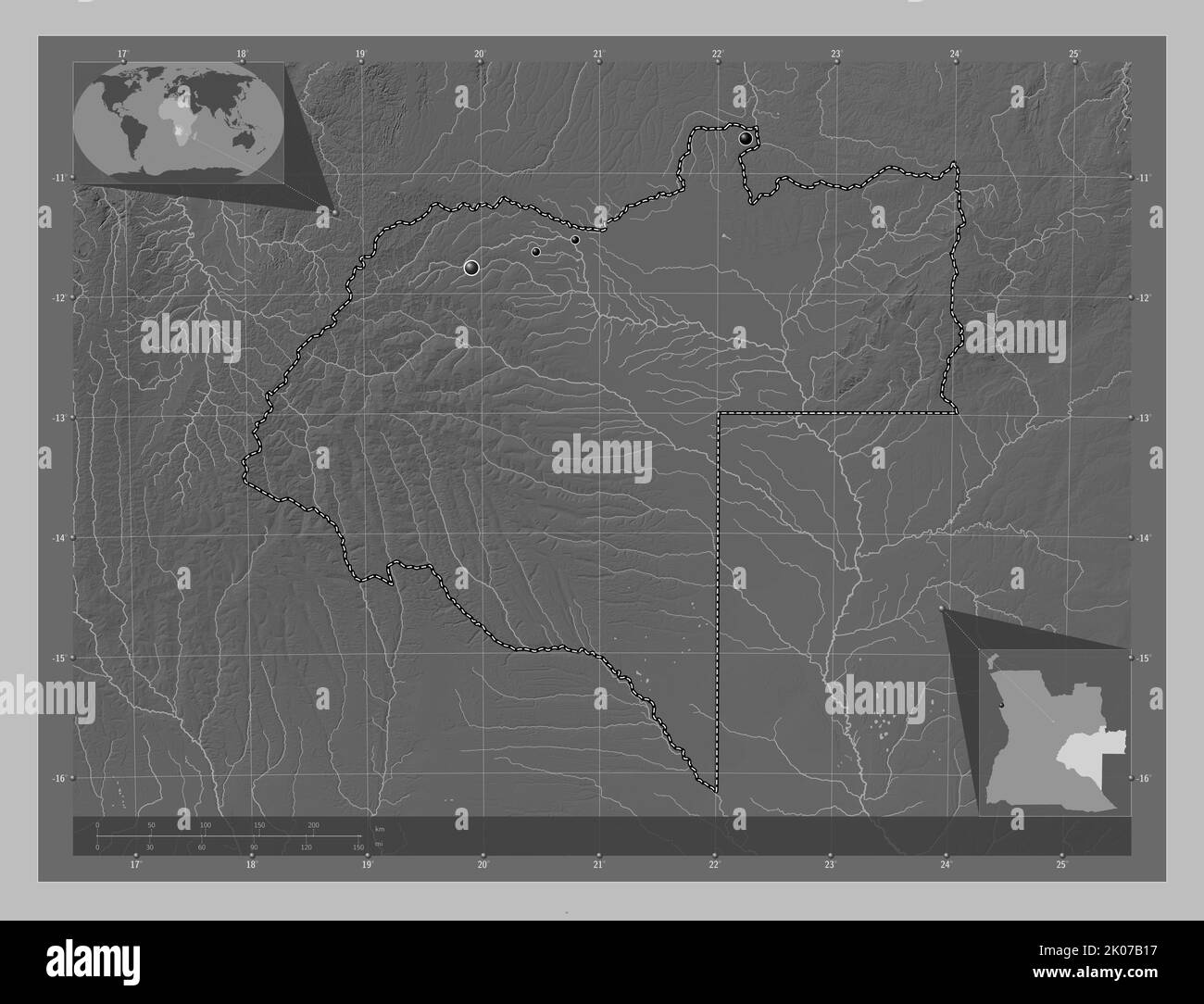 Moxico, province of Angola. Grayscale elevation map with lakes and ...