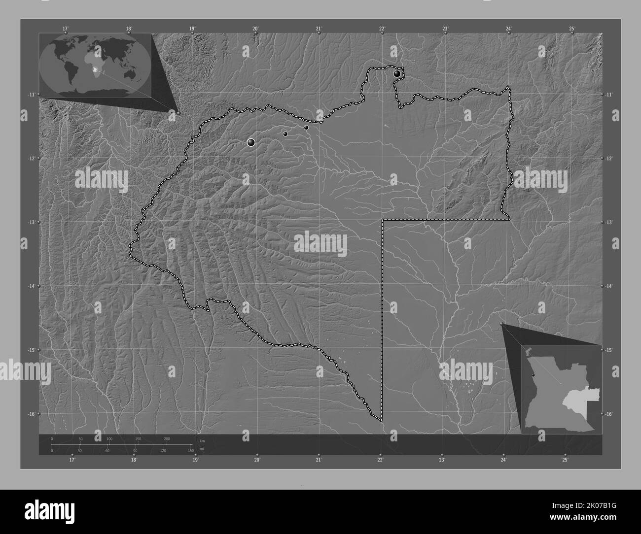 Moxico, province of Angola. Bilevel elevation map with lakes and rivers ...