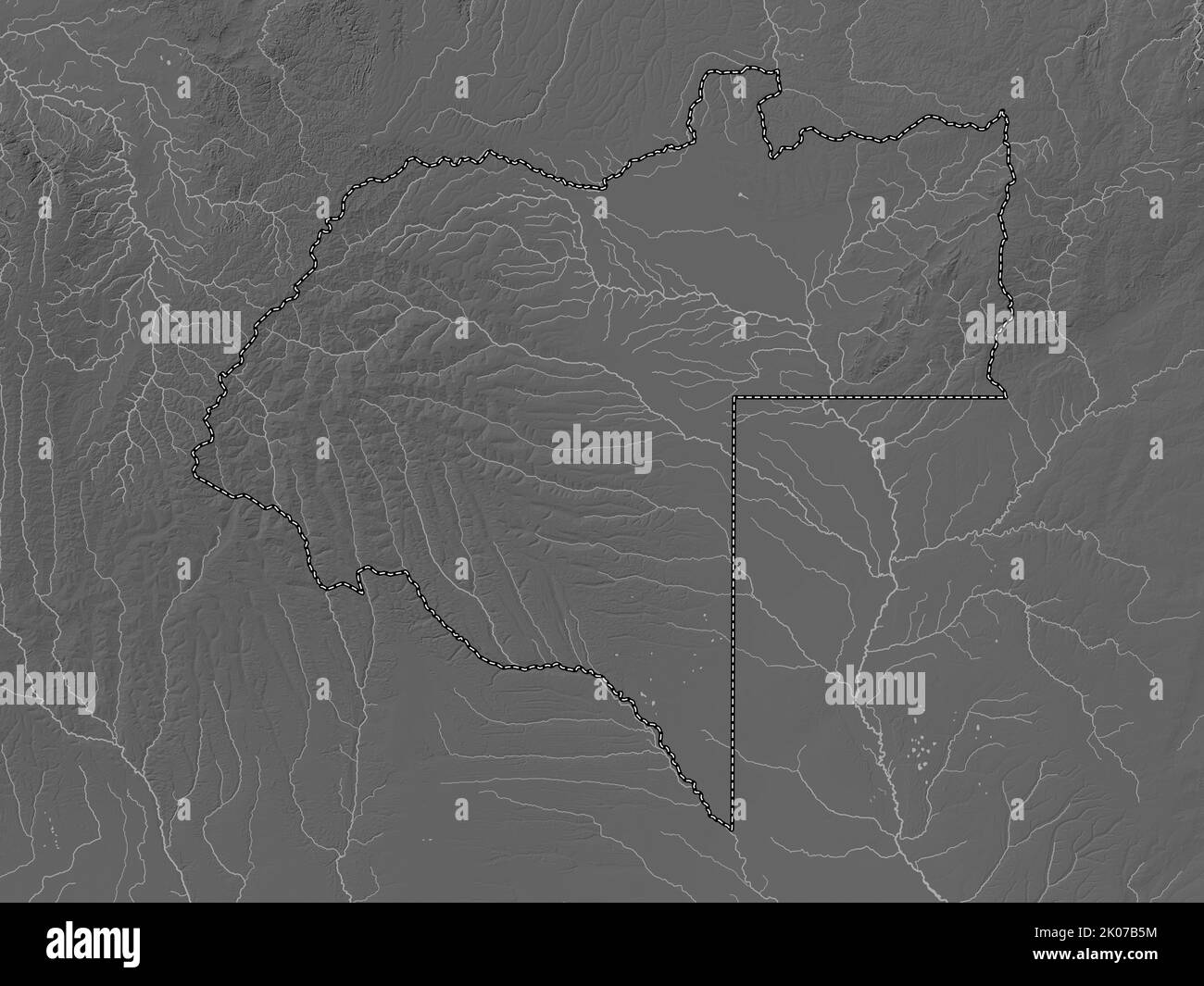 Moxico, province of Angola. Grayscale elevation map with lakes and ...