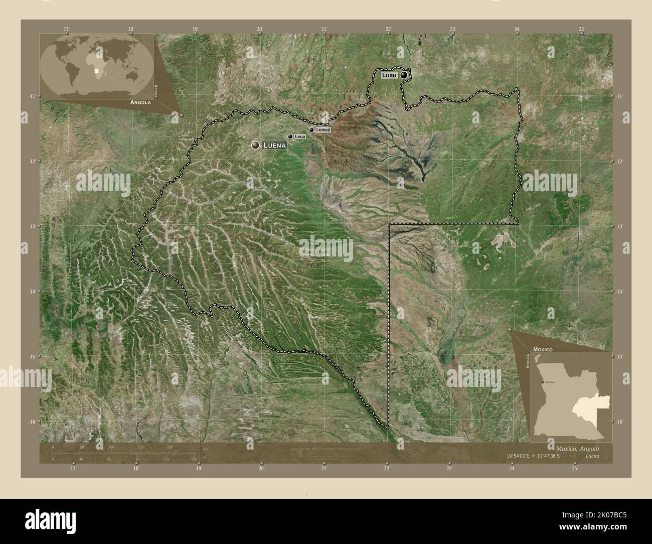 Moxico, province of Angola. High resolution satellite map. Locations ...