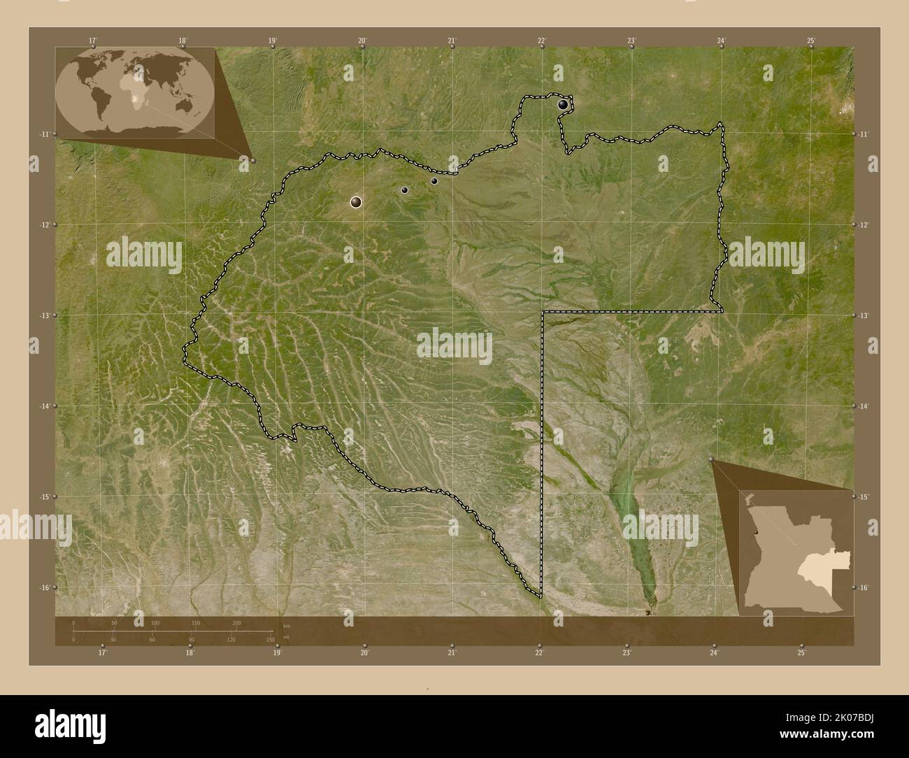 Moxico, province of Angola. Low resolution satellite map. Locations of ...