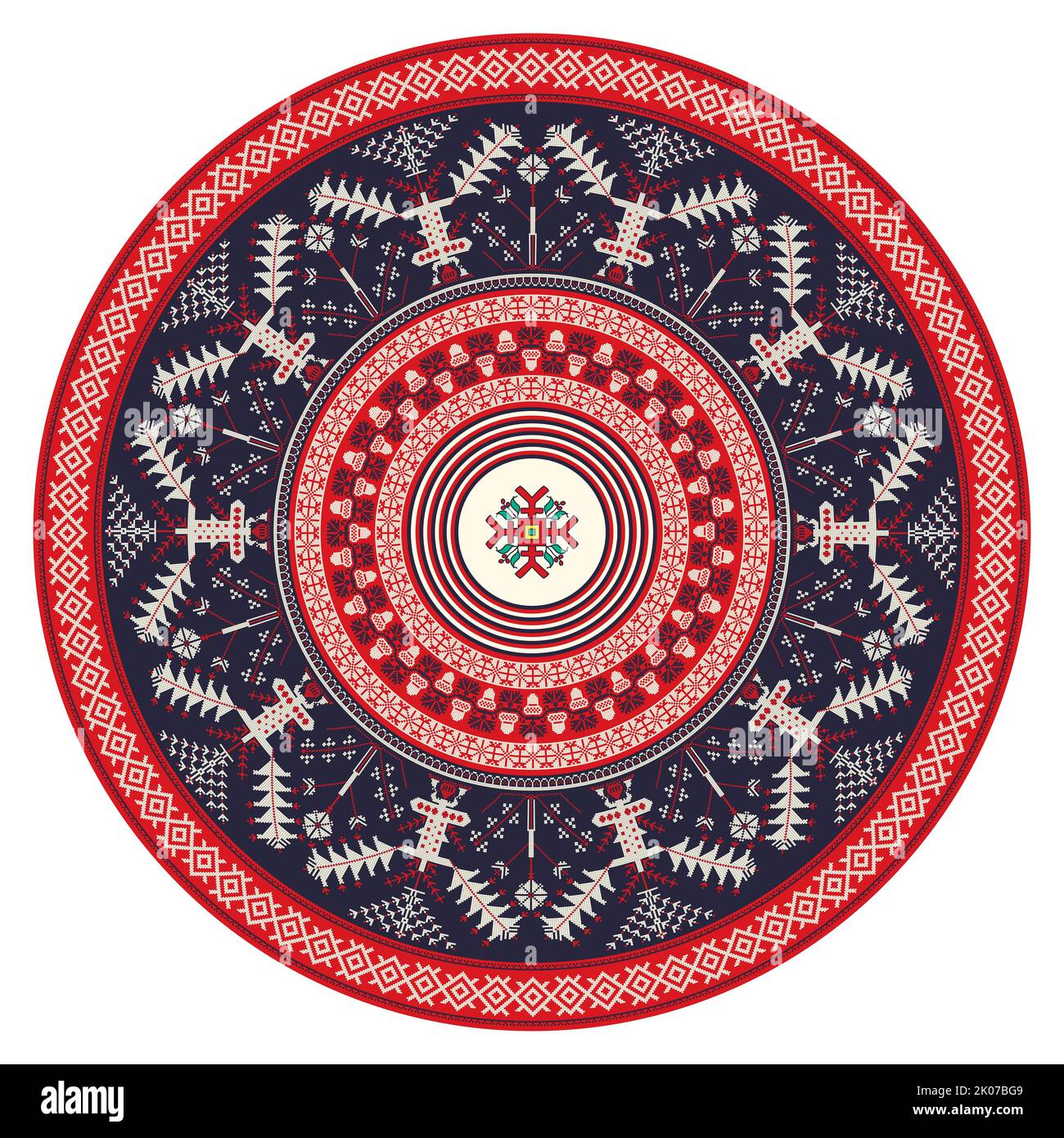 Vector round design element with traditional Russian embroidery symbols ...