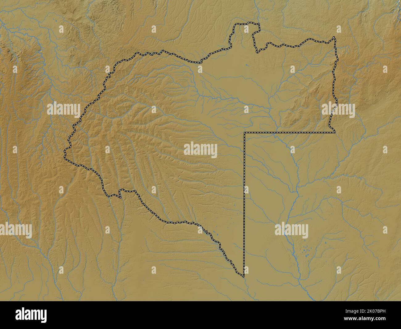 Moxico, province of Angola. Colored elevation map with lakes and rivers ...