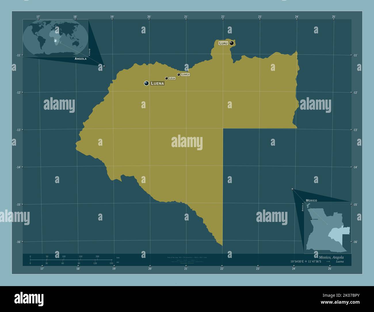 Moxico, province of Angola. Solid color shape. Locations and names of ...