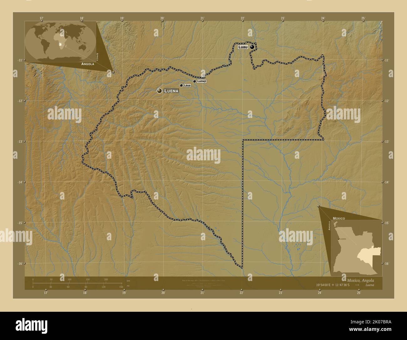Moxico, province of Angola. Colored elevation map with lakes and rivers. Locations and names of ...