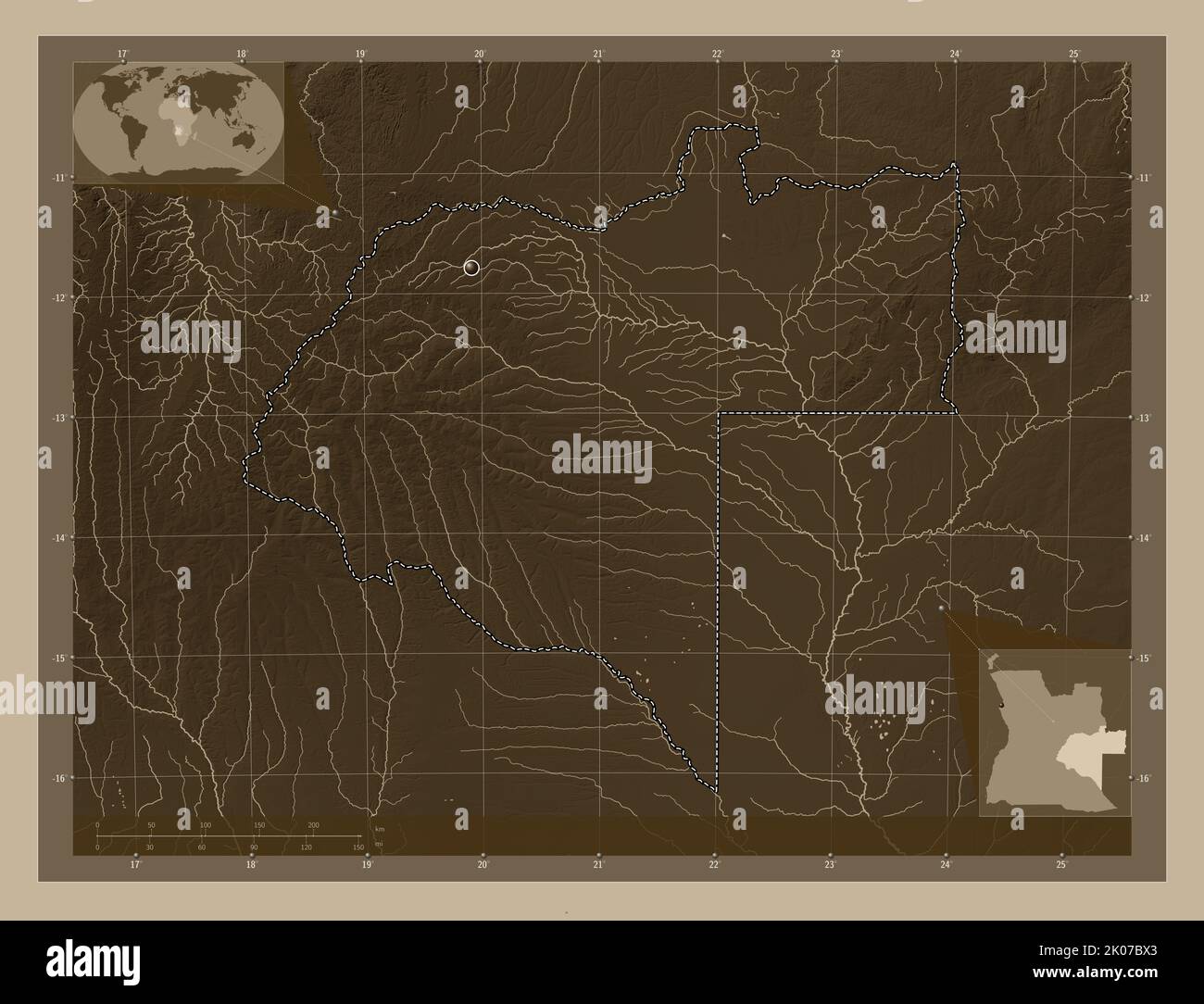 Moxico, province of Angola. Elevation map colored in sepia tones with lakes and rivers. Corner ...