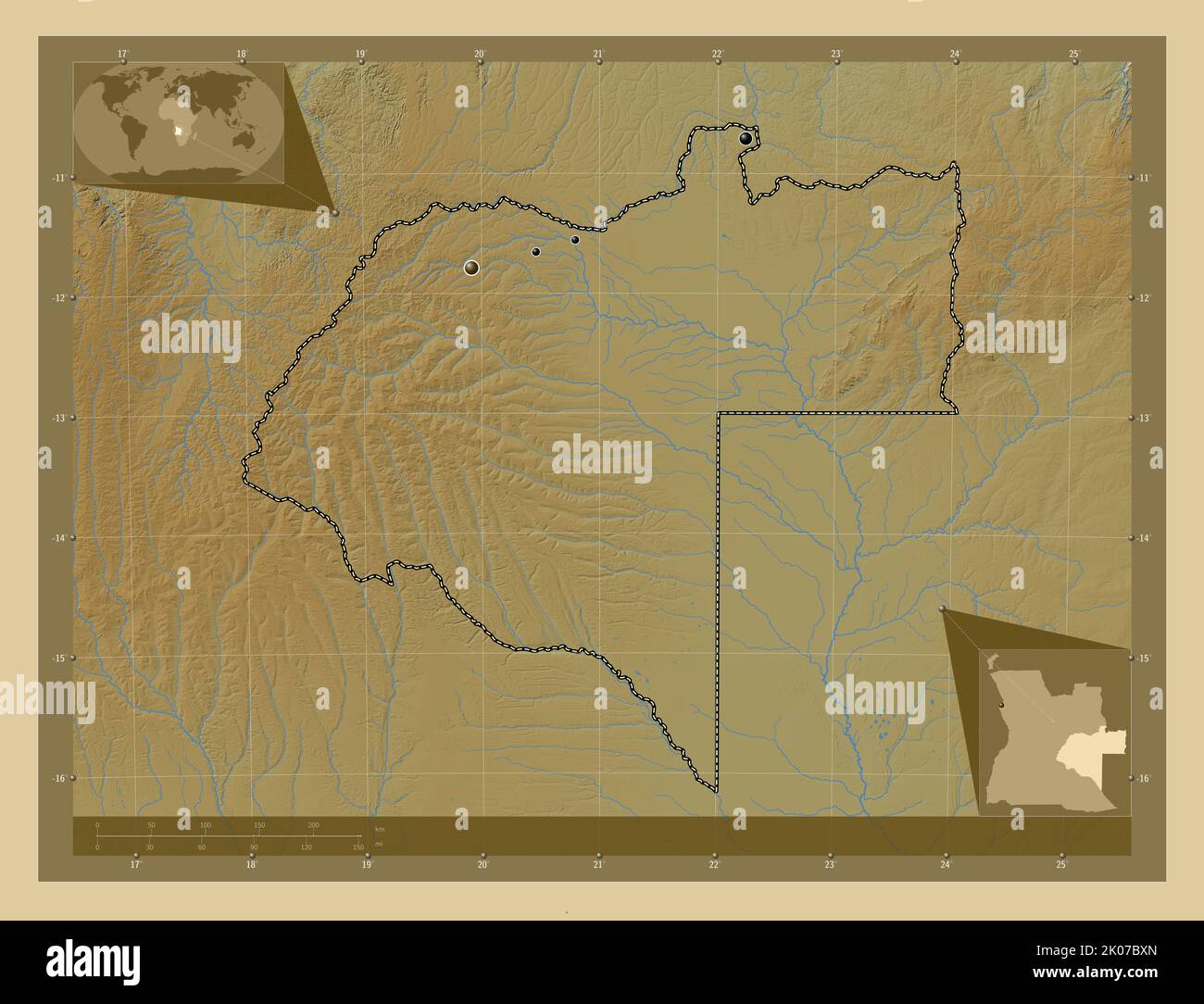 Moxico, province of Angola. Colored elevation map with lakes and rivers ...