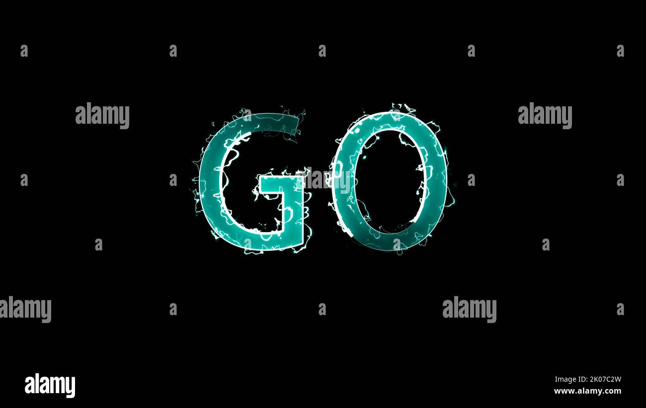 Burning letters of Go text, 3d rendering background, computer ...