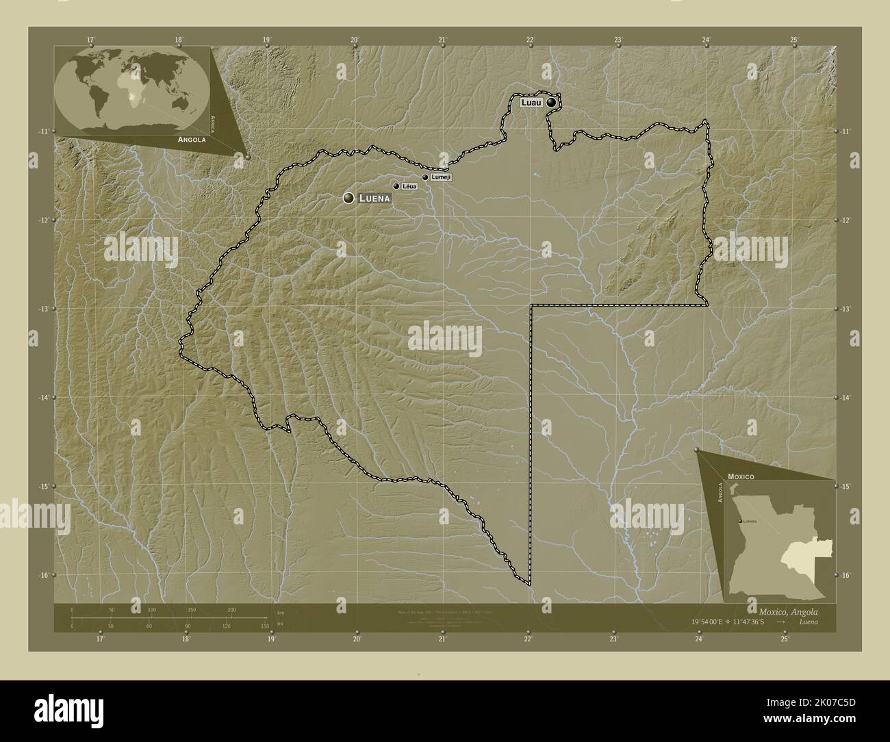 Moxico, province of Angola. Elevation map colored in wiki style with ...