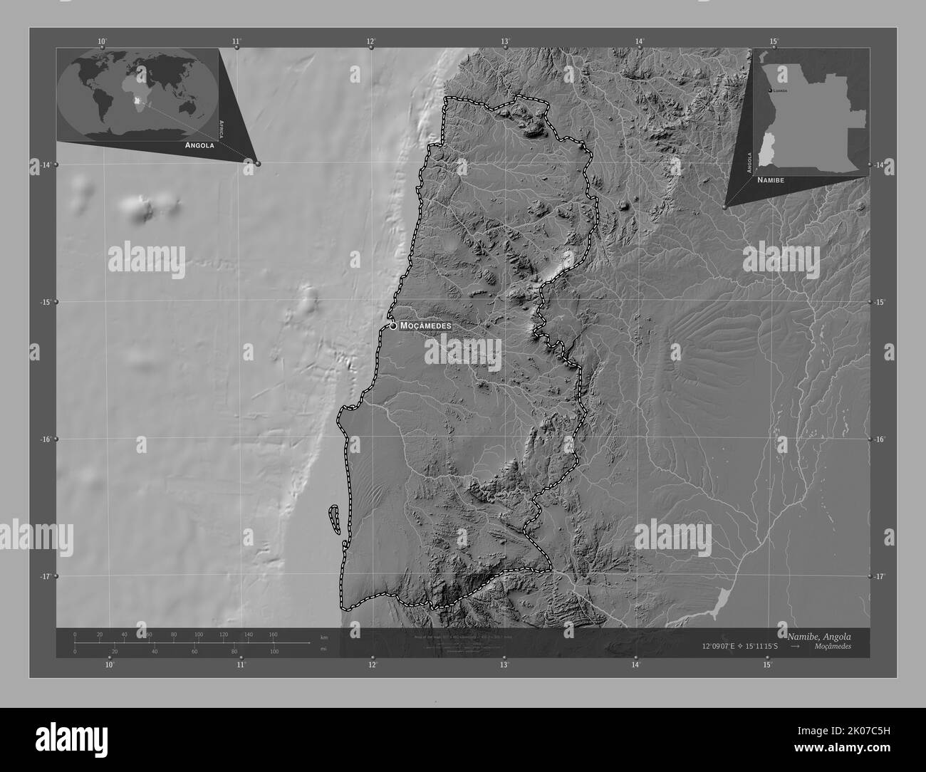 Namibe, province of Angola. Bilevel elevation map with lakes and rivers. Locations and names of ...